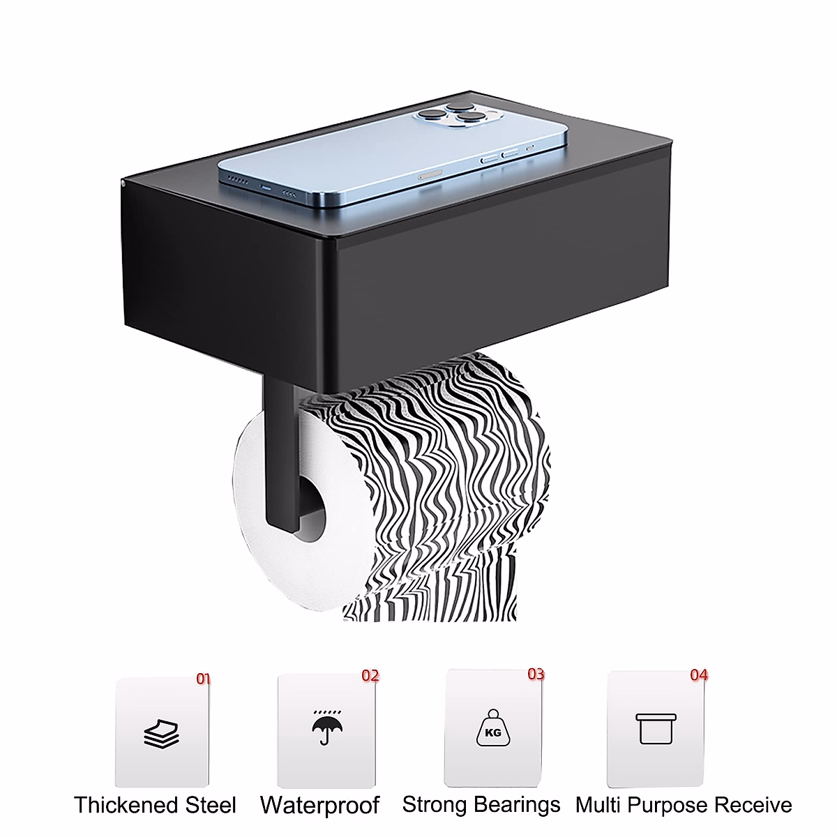 Toilet Paper Holder with Phone Shelf, Multifunctional Tissue Holder with Wipes Dispenser, Stainless Steel Tissue Roll Adhesive or Screw Wall Mounted Storage for Washroom Bathroom Organizer, Black