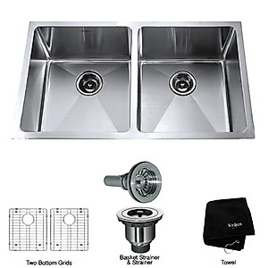 Kraus Standard PRO 33-inch 16 Gauge Undermount 50/50 Double Bowl Stainless Steel Kitchen Sink, KHU102-33