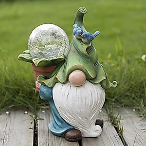 LA JOLIE MUSE Garden Gnome Statue - 10.7'' Resin Gnome Figurine Carrying Magic Orb with Solar LED Lights, Outdoor Decorations for Patio Yard Lawn Porch, Ornament