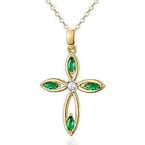 MUUYON 14K Gold Emerald Cross Necklace for Women, Real Yellow Gold Created Emerald Green Cross Pendant Necklace, Religion Jewelry for Ladies Mom Sisters, 16"+1"+1"