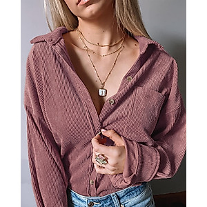 Saslax Womens Corduroy Shirt Long Sleeve Oversized Button Up V Neck Blouses Tops Loose Shacket Jacket with Pockets Mauve L