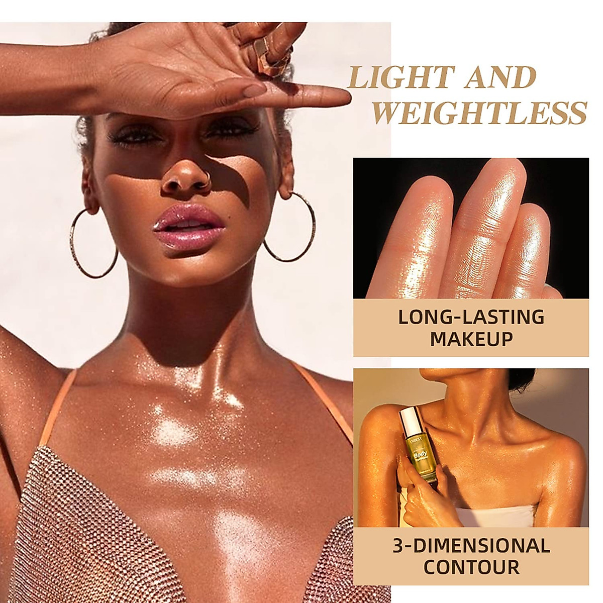 Melemando Moisturizing Body Luminizers 5 Colors Smooth and Shimmer Body Oil Long Lasting Liquid Body Highlighter for Face & Body & Leg (40ml, 02 Rose Gold)
