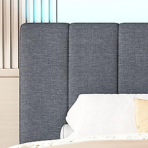 YOPTO Full Size Upholstered Platform Bed with Twin Size Trundle & USB Port,Linen Tufted Bed Frame W/Remote Control LED Light & Stripe Headboard,Wood Slats Support for Bedroom,Apartment,Dark Gray