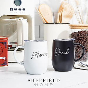 Sheffield Home Stainless Steel insulated Coffee Mug with Travel Lid & Handle - 12 oz Dishwasher Safe Mom & Dad Tea Mug - Adorable Coffee Cup Gift Set for New Parents (Black & White)