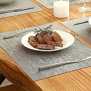 Leetaltree Grey Placemats, Heat Resistant Non-Slip Place mats for Dining Table, Washable Durable PVC Vinyl Woven Table Mats (Set of 6)