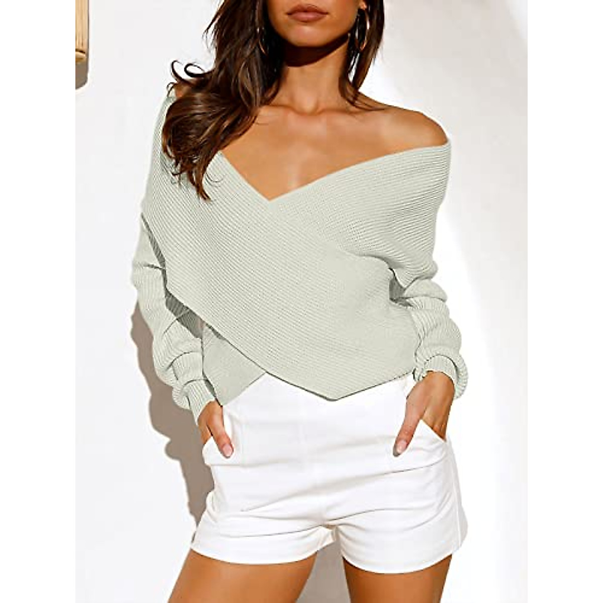 ANRABESS Women’s 2022 Fall Fashion Long Sleeve Off Shoulder Crissover V Neck Knit Cropped Sweater Top 641qianhui-S Gray