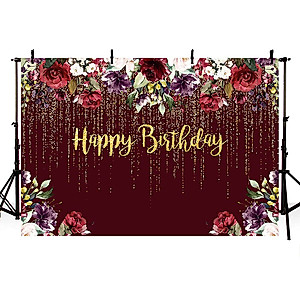 ABLIN 7x5ft Gold Happy Birthday Burgundy Backdrop Woman Girl Burgundy Red Purple Flowers Photo Background Dripping Beads Floral Party Decorations Cake Table Banner Supplies