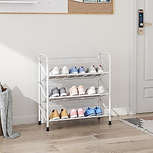 FKUO 3 Tier Shoe rack for closet Mesh fabric narrow Metal shoe racks, Small Shoe Storage Organizer Shelf for Entryway, Hallway, Dorm Room (White, Wider 3 Tier)