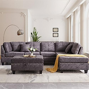 UBGO Living Room Furniture Sets,Modular Sectional Sofa Set,L-Shape Couch Set with Storage Ottoman and Two Small Pillow,Sofas & Couches with Reversible Chaise for Large Space Dorm Apartment-Gray