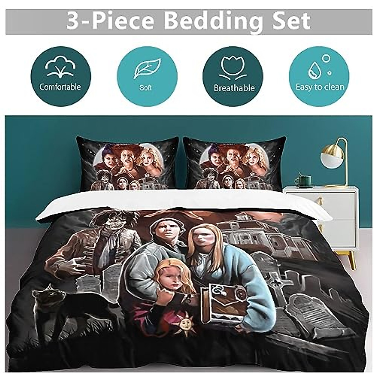 ggtg Hocus Pocus 3-Piece Bedding Set Soft Microfiber Sheet & Pillowcase Sets Full Size Sheet Set 90"x90"