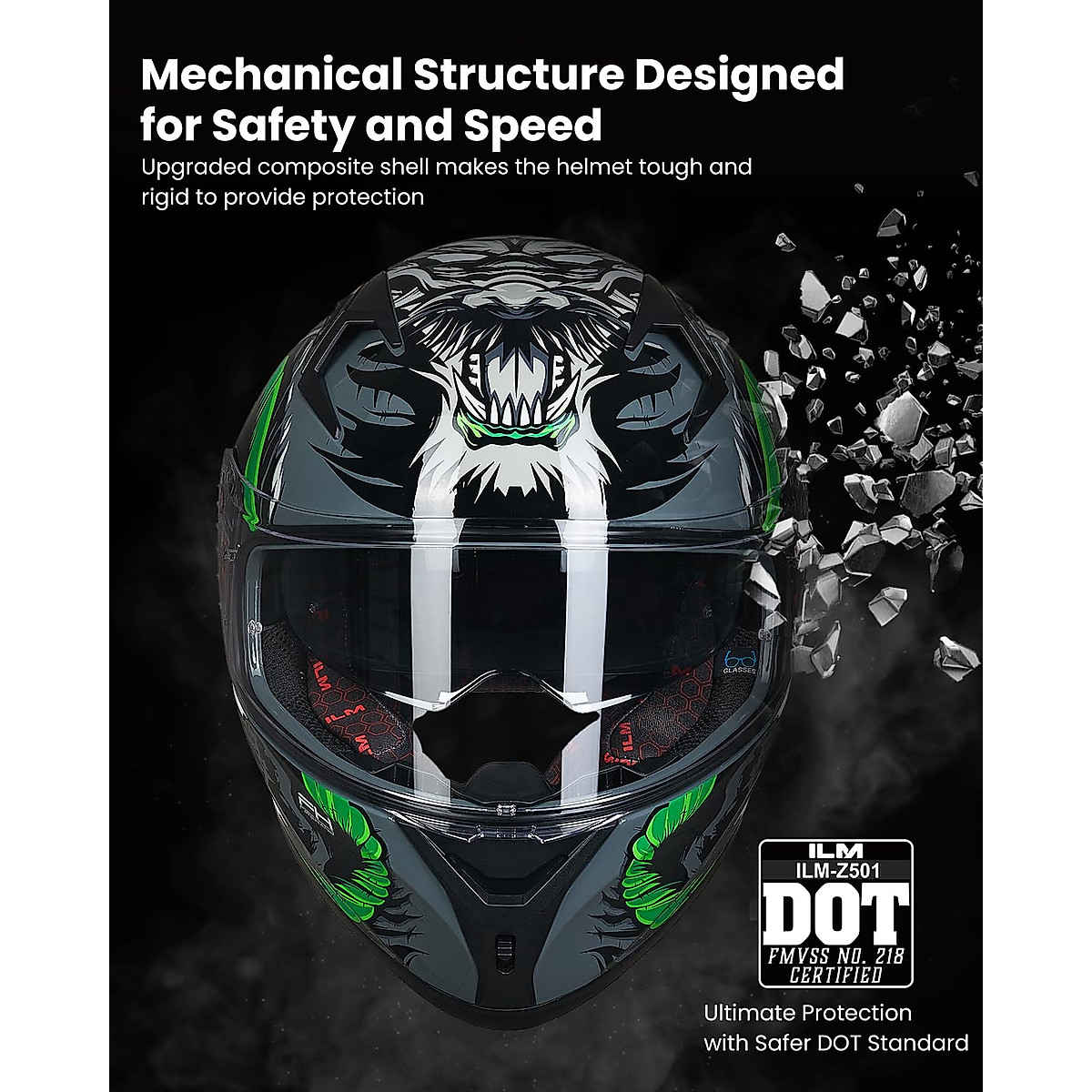 ILM Motorcycle Helmet Full Face with Pinlock Compatible Clear&Tinted Visors and Fins Street Bike Motocross Casco DOT Model Z501(Legend Green, X-Large)