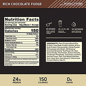 Optimum Nutrition Gold Standard 100% Plant Based Protein Powder, Gluten Free, Vegan Protein for Muscle Support and Recovery with Amino Acids - Rich Chocolate Fudge, 20 Servings