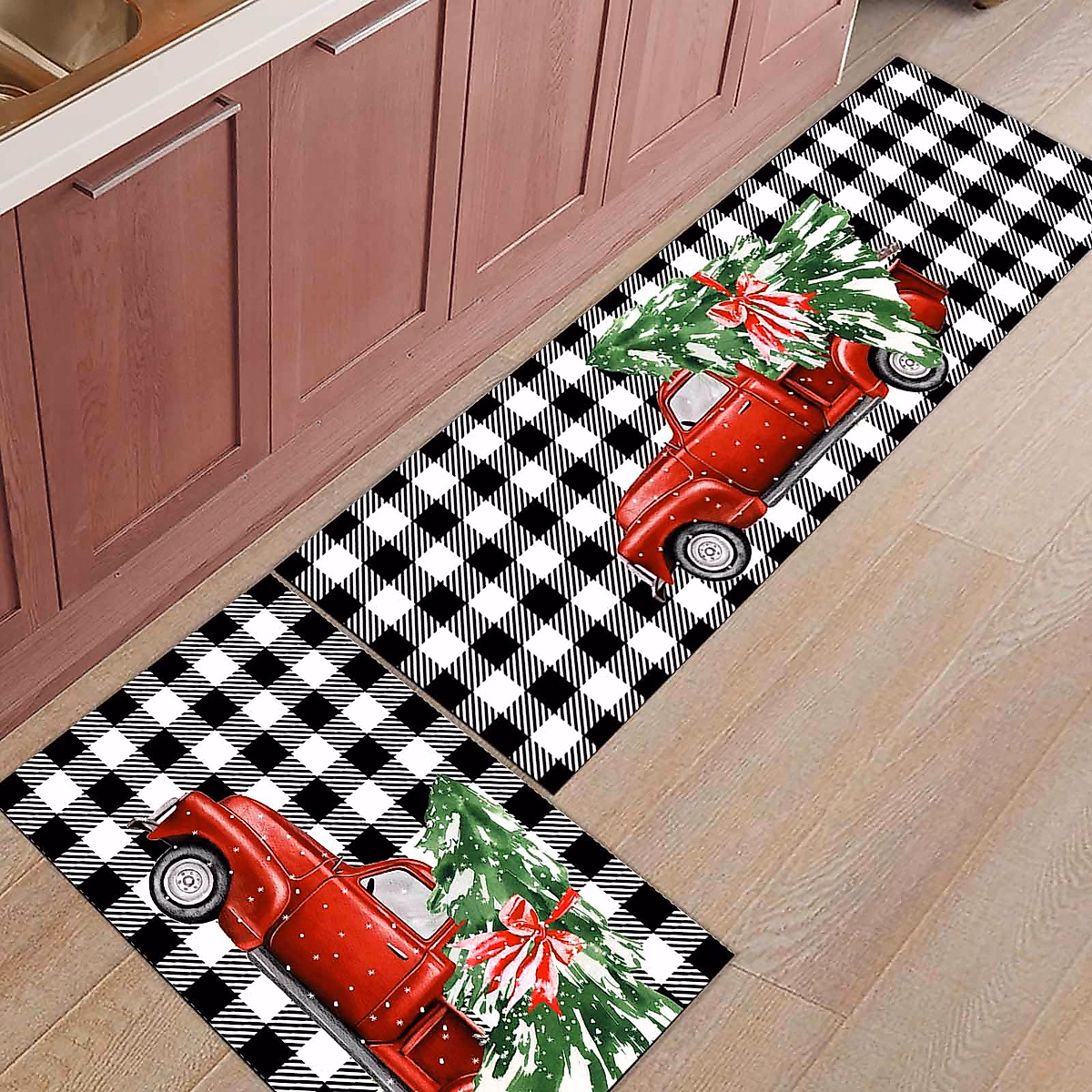 Christmas Kitchen Rugs and Mats 2 PCS Red Truck Xmas Tree Black White Buffalo Check Kitchen Mats for Floor, Farmhouse Non-Slip Rugs with Runner for Kitchen,Office,Sink,Laundry 15.7"x23.6"+15.7"x47.2"