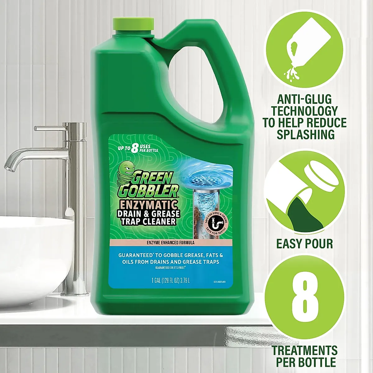Green Gobbler ENZYMES for Grease Trap & Sewer - Controls Foul Odors & Breaks Down Grease, Paper, Fat & Oil in Sewer Lines, Septic Tanks & Grease Traps (1 Gallon)