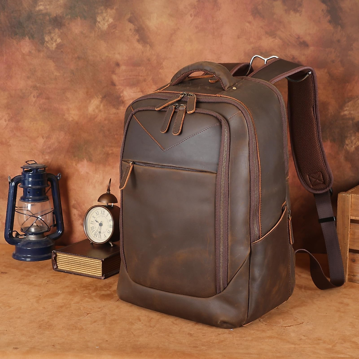 Masa Kawa Vintage Leather 15.6" Laptop Backpack for Men Large College School Bag Bookbag Business Work Travel Rucksack Casual Hiking Camping Daypack, Light Brown