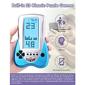 HLF New Retro Block Brick Game Console Large Screen Blue Backlight Brightness can be Adjusted Build in 23 Game Compatible with Lithium Battery/AAA Batteries can Plug in Headphone (Blue)