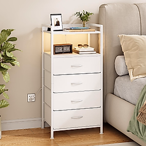 Kitstorack Night Stand with Charger Station and LED Light White Nightstand with Drawers Bedside Table Tall Nightstand 4 Fabric Drawers