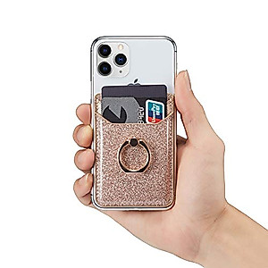 TOPWOOZU Phone Card Holder with Ring Grip for Back of Phone,Adhesive Stick-on Credit Card Wallet Pocket for iPhone,Android and Smartphones (Pink)
