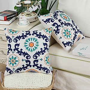 CaliTime Canvas Throw Pillow Cover Case for Couch Sofa Home Decoration Three-Tone Dahlia Floral Compass Geometric 20 X 20 Inches Navy/Teal/Orange