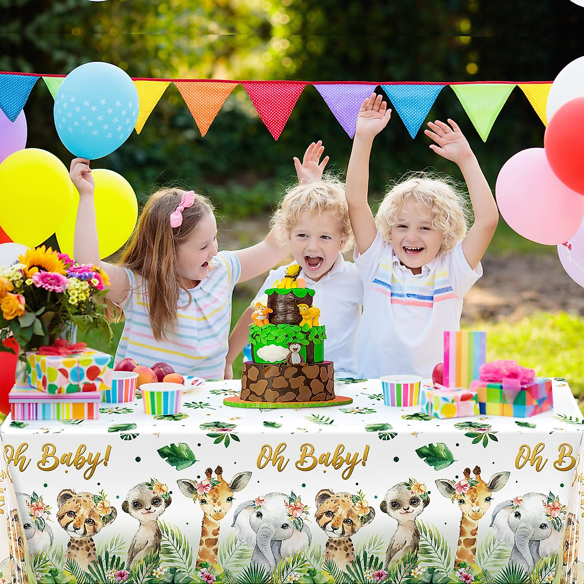 3 Pieces Jungle Safari Tablecloths Jungle Animal Plastic Table Cover Disposable Safari Table Cover Wild Jungle Plastic Tablecloth for Baby Shower Birthday Party Supplies Decorations, 54 x 108 Inch