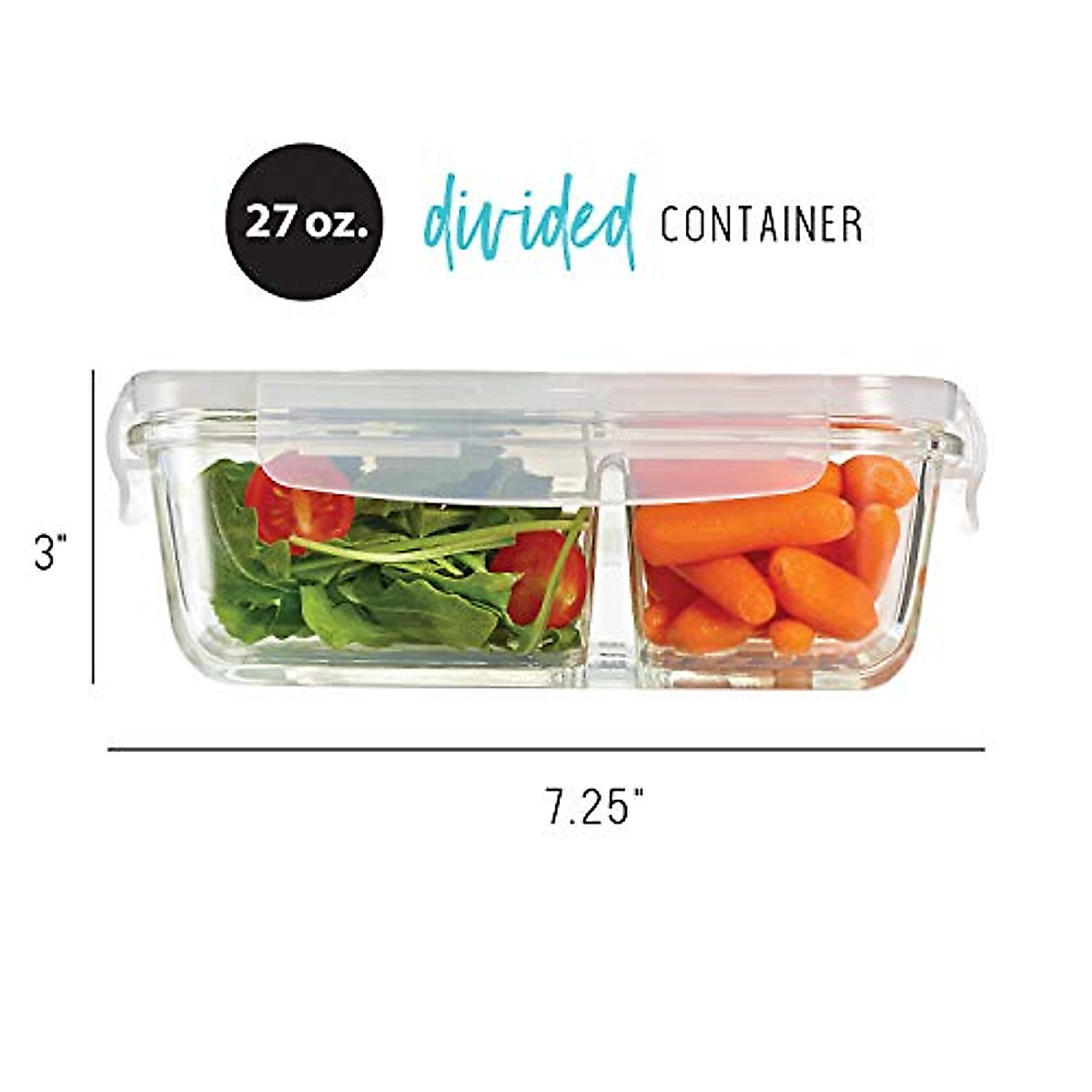 Fit & Fresh, Airtight Seal, Portion Cont Divided, 3-Pack, Two Compartments, Set of 3 Locking Lids, Glass Storage, Meal Prep Containers, 3 Pack, Clear