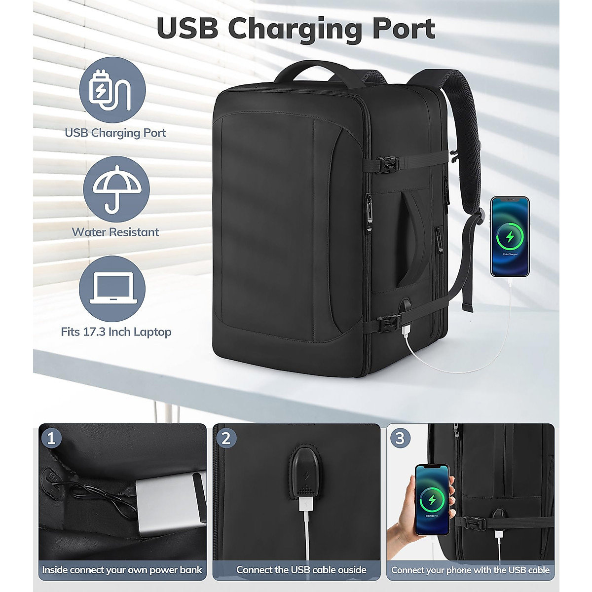 Carry On Backpack, Travel Backpack Airline Approved with USB Charging Port, Extra Large Backpack 50L Expandable Water Resistant Suitcase Luggage Weekender Bag, Travel Gifts for Men Women