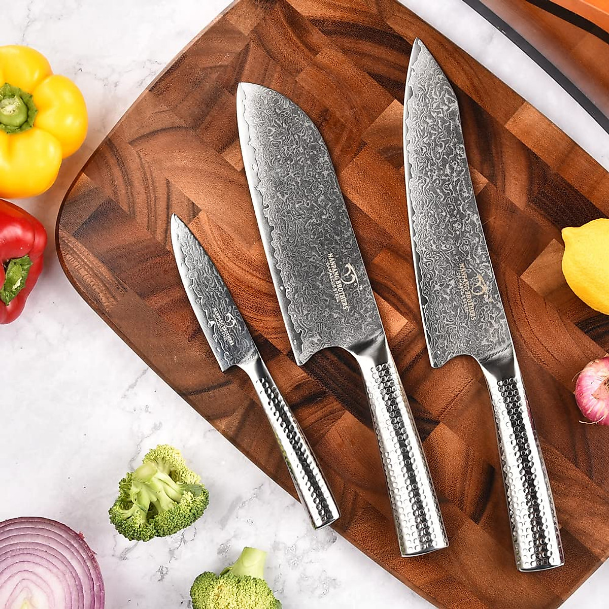 3 Pieces Damascus Kitchen Knife Set with 8” Chef Knife, 7” Santoku Knife, 3.5” Paring Knife, 67 Layer Handmade Damascus VG10 Steel Core, Hammered Ergonomic Handle (Gift Box)