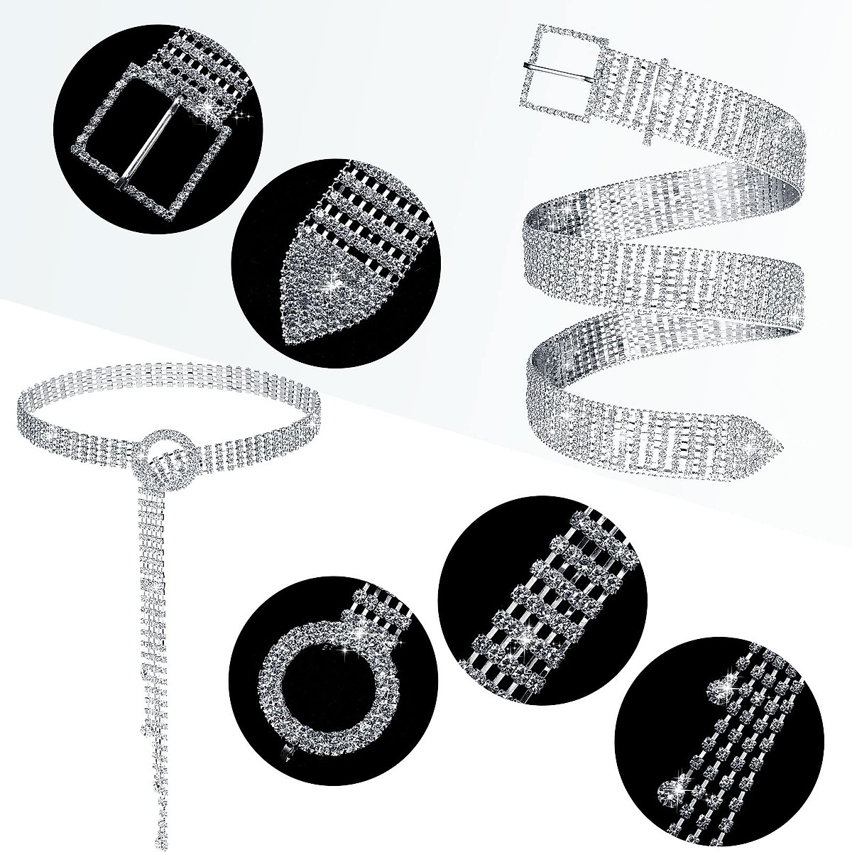 Vicenpal Rhinestone Belt 2 Pieces Shiny Crystal Ladies Waist Belt O Ring Belts for Women Wide Silver Chain Belt Bling Diamond Belt