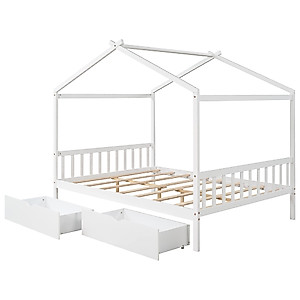 Full House Bed for Kids, Wooden Full Size Platform Bed Frame with 2 Storage Drawers, Headboard and Footboard, Montessori Bed, Full Storage Bed for Kids, Girls & Boys, No Box Spring Needed,White