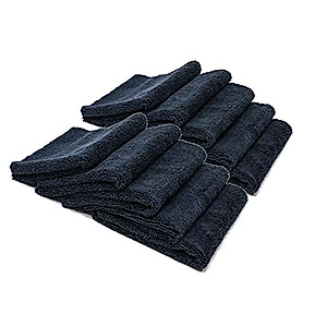 [Elite] Edgeless Two-Pile Microfiber Detailing Towel (16"x16") Black - 10 Pack | All-Purpose Detail Rag | High-Pile, Low-Pile | Wheel Towel