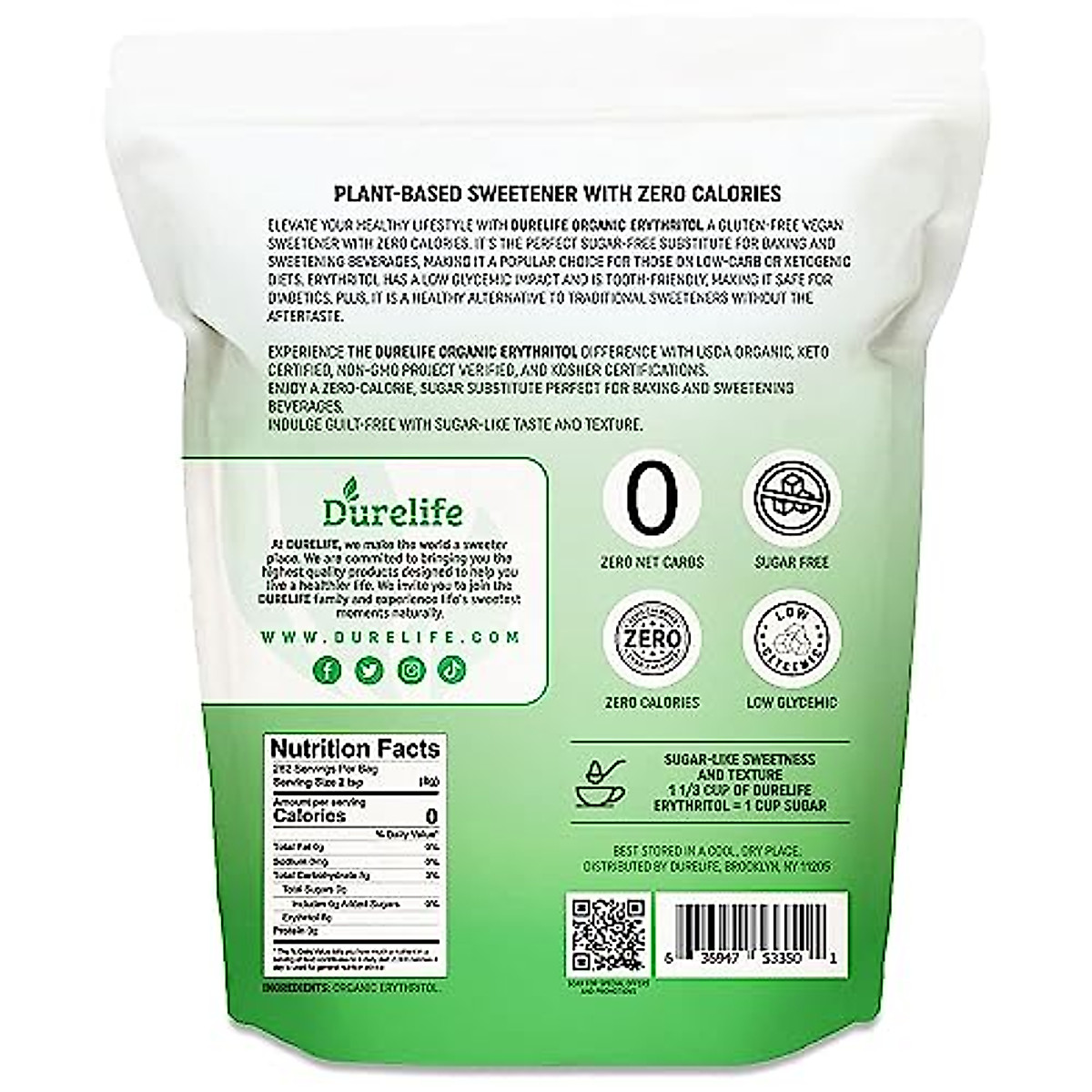 Durelife USDA organic erythritol sweetener, non gmo verified, Keto certified, No After Taste, Kosher, Zero Calorie Plant-Based Sugar Alternative (1, 5 LB (80 oz))