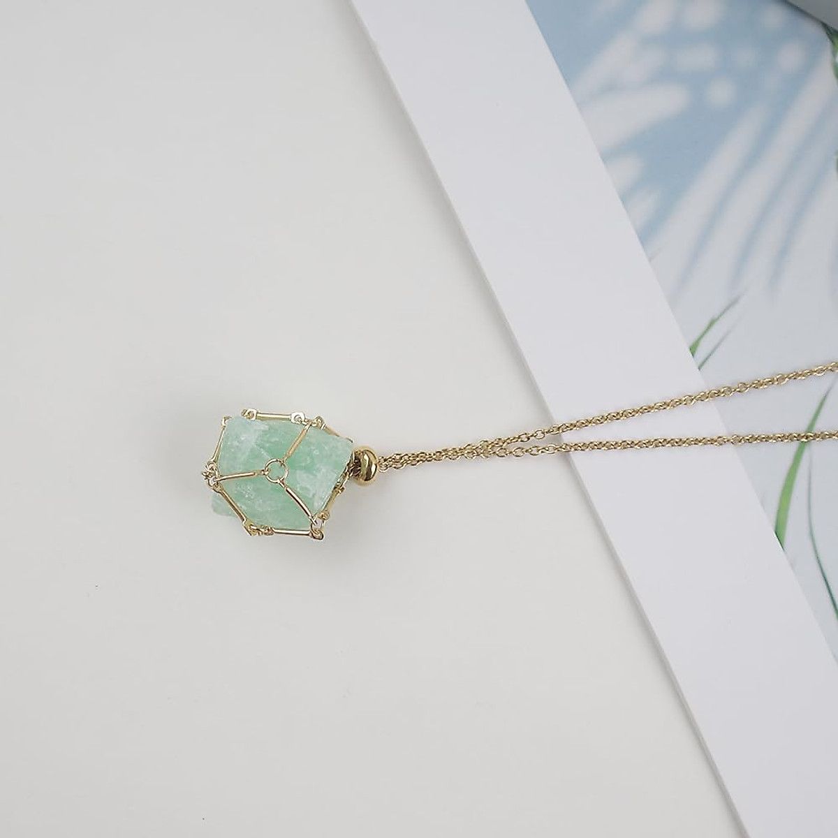 VNVETYTO Crystal Holder Necklace 14K Gold-plated Stainless Steel Cage Crystal Gemstone Pendant Necklace Jewelry for Women Men (Green Fluorite)