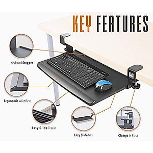 Stand Steady Clamp On Keyboard Tray | Keyboard Shelf - Small Size - Easy Install - No Need to Drill into Desk! Retractable to Slide Under Desktop | Great for Home or Office!