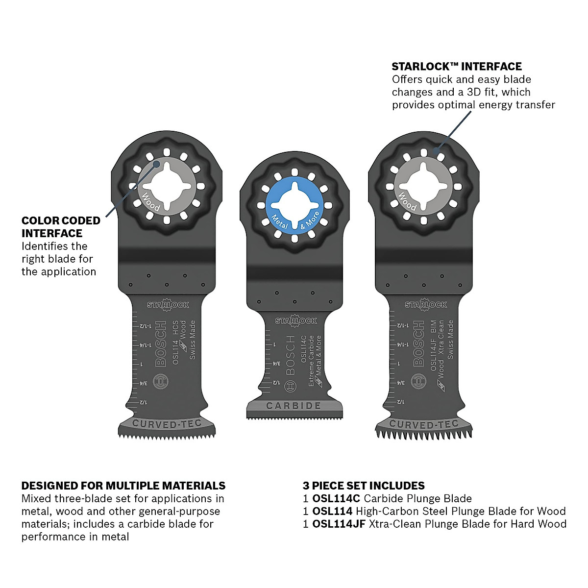 BOSCH OSL003VP 3-Piece 1-1/4 In. Starlock Oscillating Multi Tool Assorted Set Plunge Cut Blades for Mixed Applications in Metal, Wood, and Other General Purpose Materials