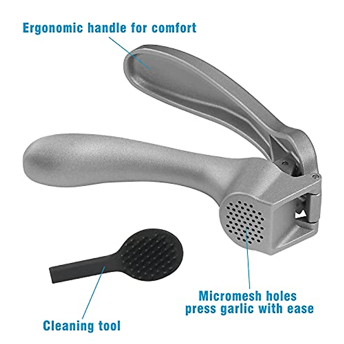 Garlic Press, Garlic Mincer Easy-squeeze Ergonomic Handle, Rust Proof, No Need To Peel, Professional Ginger Press & Garlic Crusher with Handy Cleaning Brush- Dishwasher Safe