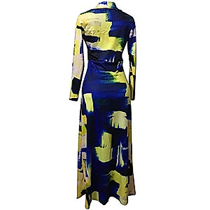 Locryz Women's V Neck 3/4 Sleeve Digital Printed Loose Long Maxi Party Dress with Belt (M, Blue)