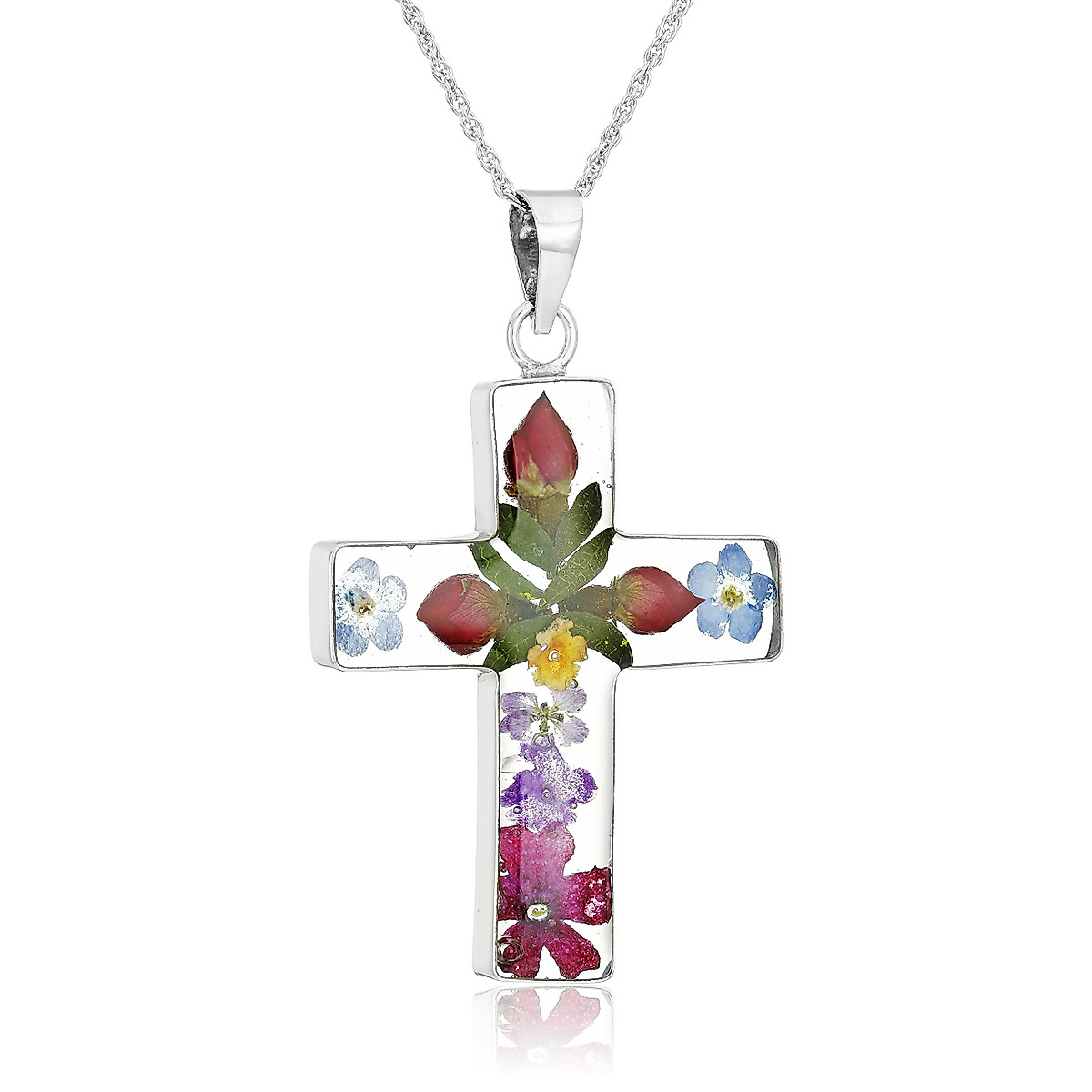 Amazon Essentials Sterling Silver Pressed Flower Multi-Colored Cross Pendant Necklace, 18" (previously Amazon Collection)