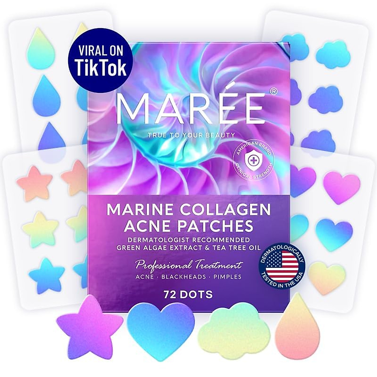 MAREE Star Pimple Patches for Face - Acne Patches - Natural Green Algae Extract & Tea Tree Oil - Hydrocolloid Stars Cute Zit Stickers, Parches Para Acne - 72 Marine Collagen Blemish Pimple Dots
