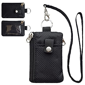 CHENSPRX Minimalist RFID Blocking Small Wallet with ID Window,WaterResistant Zip Id Case Wallet with Lanyard Keychain for Cards,Cash,Travel,Women,Men(Black)
