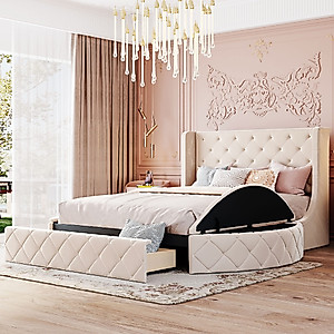 Yehha Queen Size Velvet Upholstered Platform Bed with 2 Side Storage Stool and 1 Storage Drawer, Victorian Style Velvet Headboard, Noise-Free and No Box Spring Needed, Beige