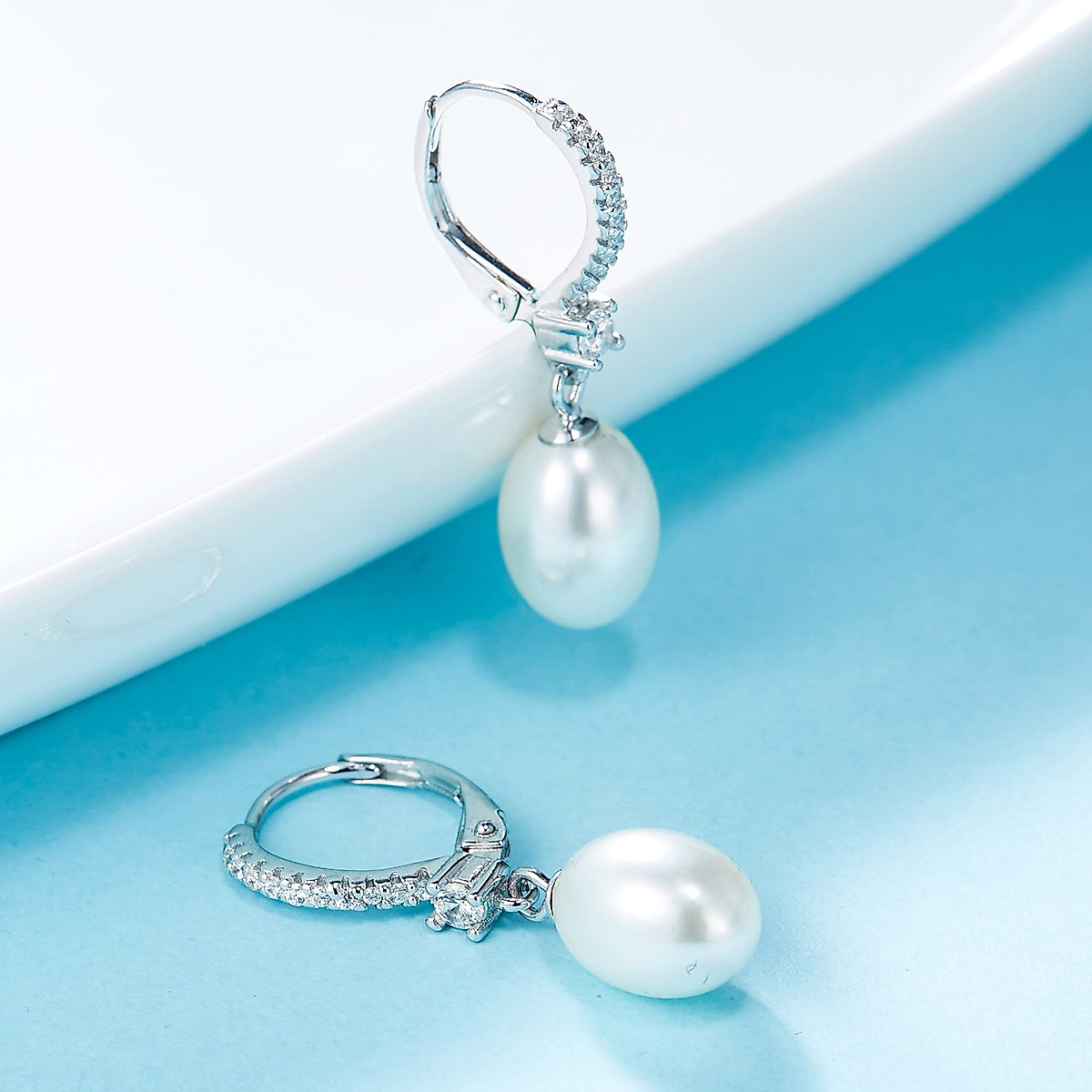 EVER FAITH S925 Simulated Pearl Earrings, White CZ Oval Cream Pearl Wedding Bride Leverback Dangle Earrings Jewelry for Women