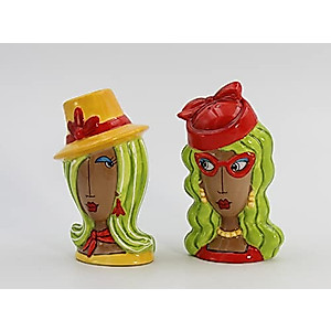 Fine Ceramic Dollymamas African American Black Fashion Lady with Hats Salt & Pepper Shakers Set, 4-1/2" H