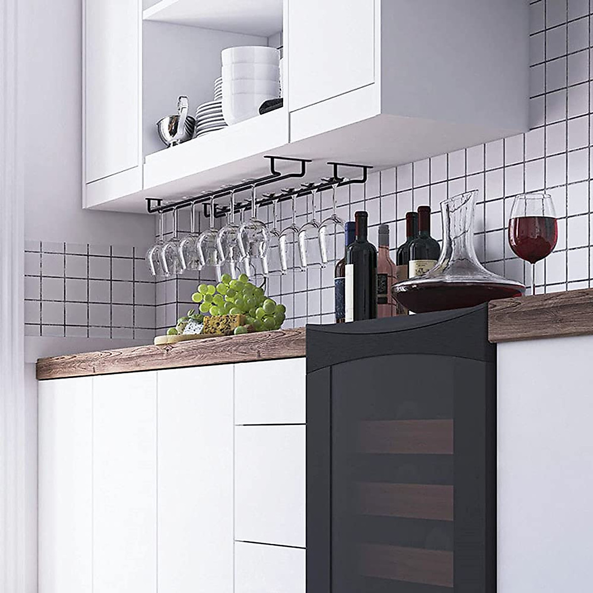 SARYRLIN Wine Glass Holder Rack 15.7 Inch 2 PCS,Wall Mount Hanging Iron Stemware Rack Under Cabinet Organization and Storage ,Wine Glass Hanging Rack for Cabinet Kitchen or Bar (Black)