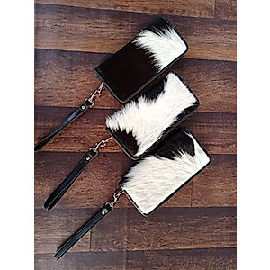 Womens Zipper Wristlet Cowhide Clutch - Black White Cow Hide Cow Skin Leather Hand Clutch Zip Phone Wallet Clutch Card Case 8' X 4' - Gift for her