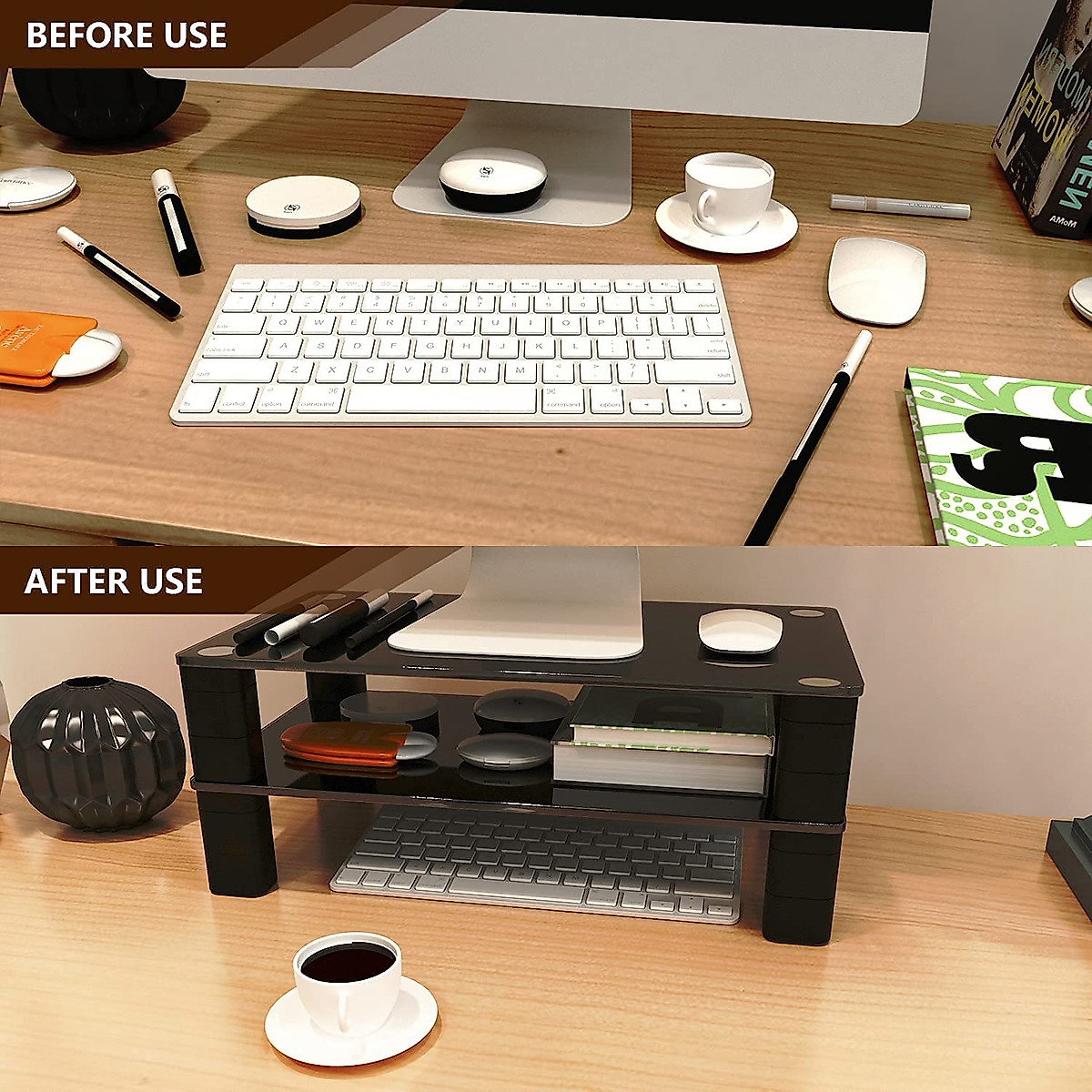 TAVR Monitor Stand Riser, 2 Tier Monitor Stand with Storage Organizer and Adjustable Height for Computer Laptop PC Printer Screen, Black