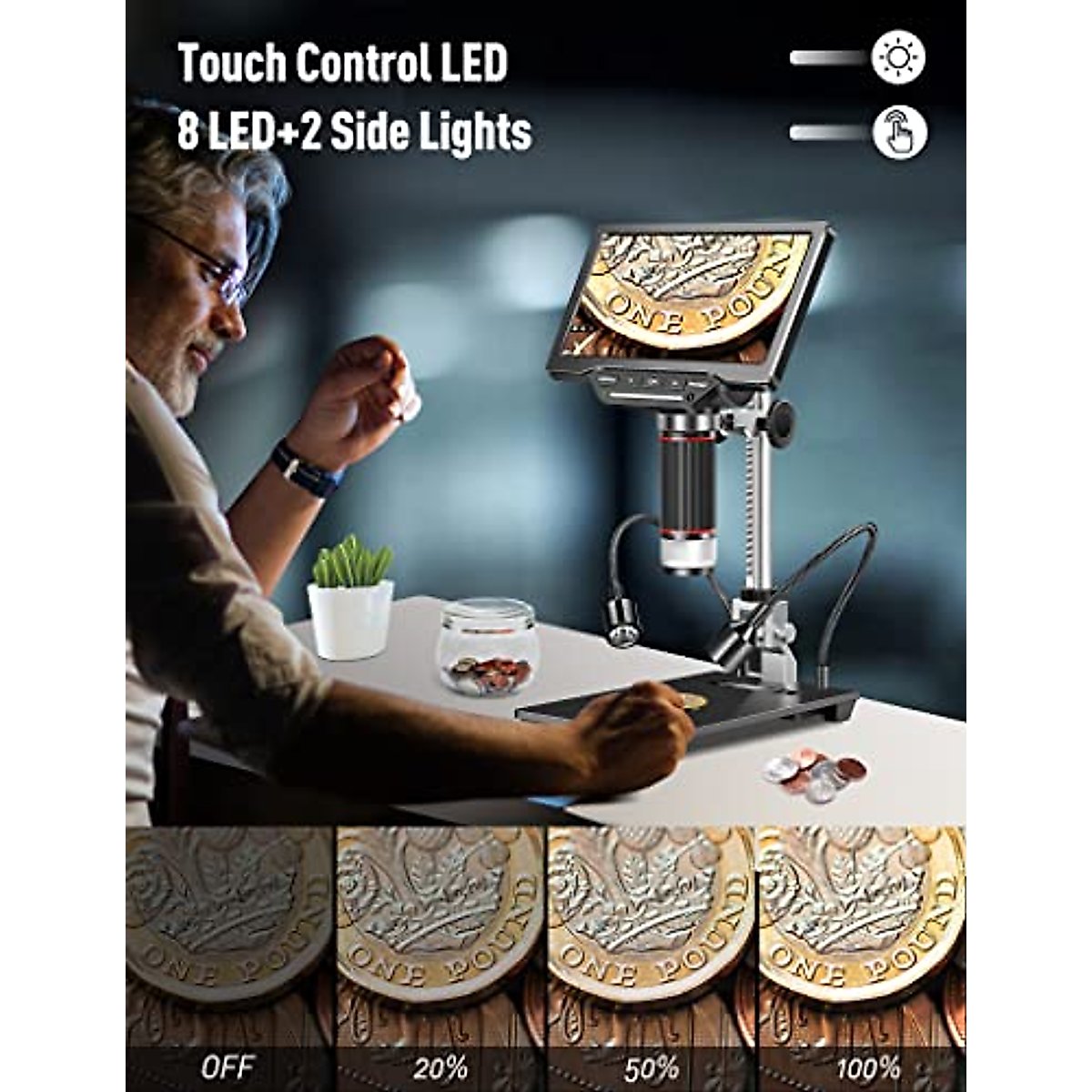 Dcorn 7" HDMI LCD Digital Microscope,1300X Coin Microscope for Adults,16MP Micro Soldering Video Microscope with LED Lights Touch Control, Windows/Mac OS/TV Compatible