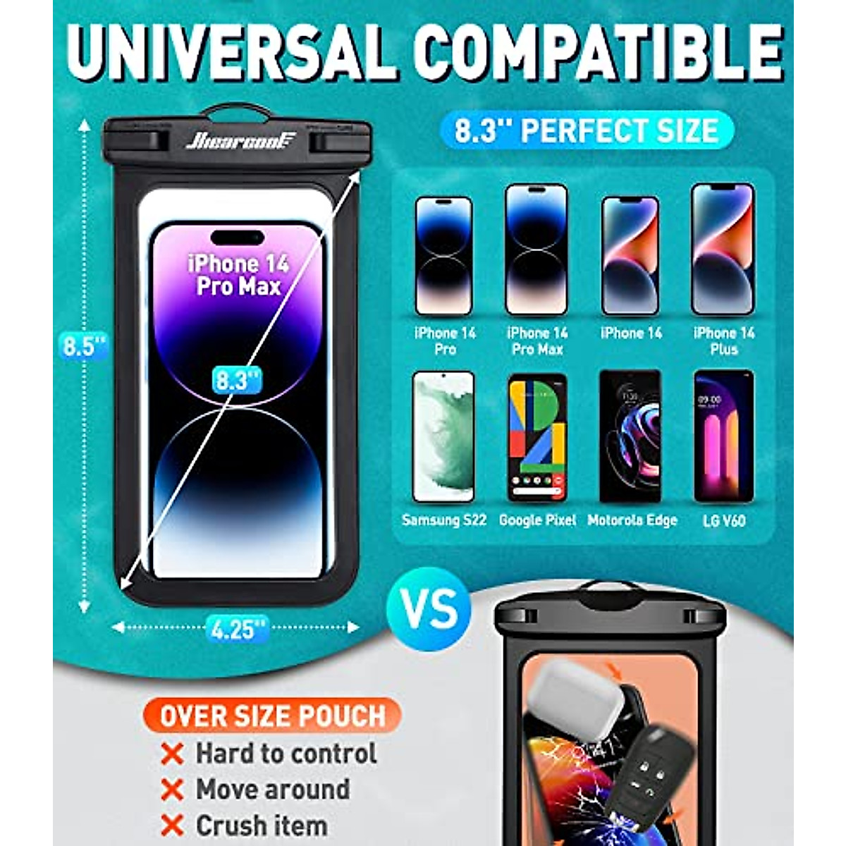 Hiearcool Waterproof Phone Pouch, Waterproof Phone Case for iPhone 14 13 12 11 Pro Max XS Plus Samsung Galaxy With Case Friendly, IPX8 Cellphone Dry Bag Beach Essentials for Cruise Travel -2 Pack-8.3"