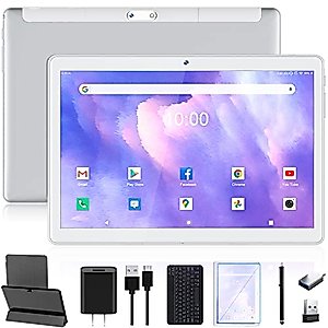2024 Newest 10.1 Inch Android Tablet With Keyboard - 5G WIFI Tablets Ultra-Portable- RAM 4GB | ROM 64GB 128GB Expandable -6000mAh | Dual Camera | Bluetooth 5.0| 1080FHD | GPS | Mouse/Stylus-Silver