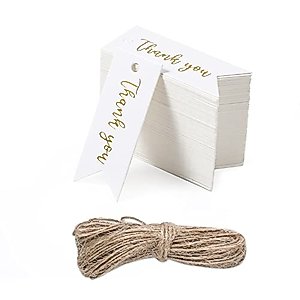 SAVITA 100pcs Mini Thank You Gift Tags with String, Exquisite Paper Gift Tags with Holes Hang Tags with String Attached for Craftwork Wedding Birthday Thanksgiving Anniversary (2''*0.75'')