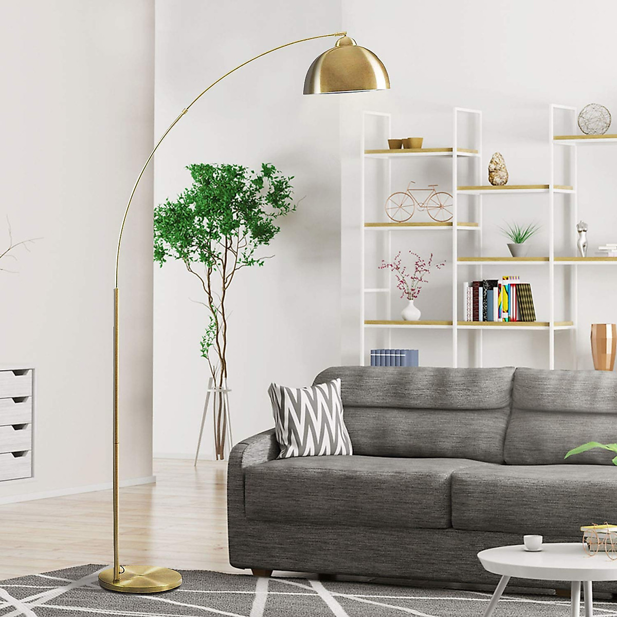 Archiology Arc Floor Lamp, 79" Height Gold Brass Floor Lamp Curved, and Metal Dome Shade with Glossy White Interior Perfect for Living Room Reading Bedroom Home Office
